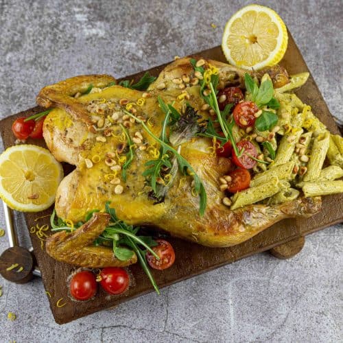 Pollo al Mattone met pesto penne - Barbecuemarq